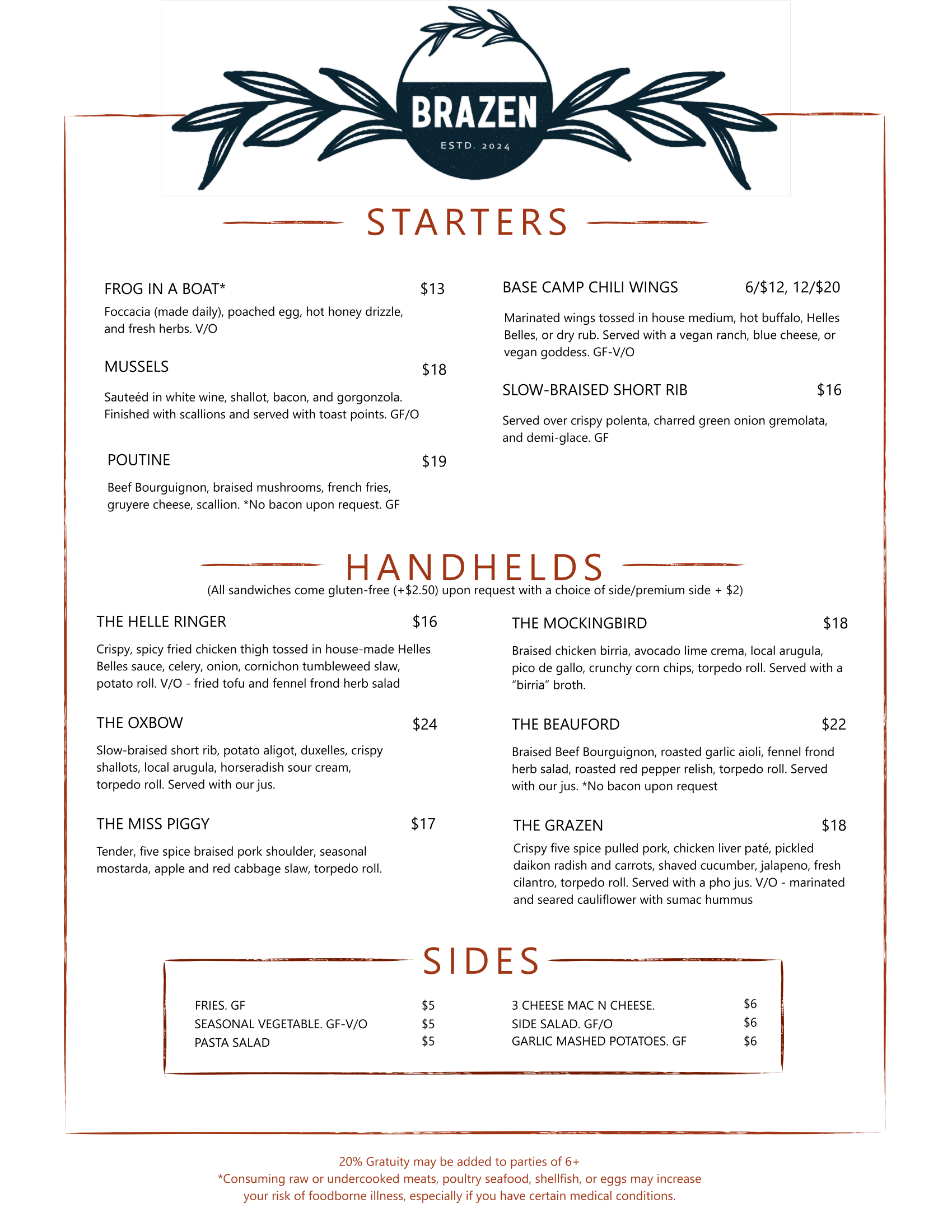 Brazen Restaurant | Menu