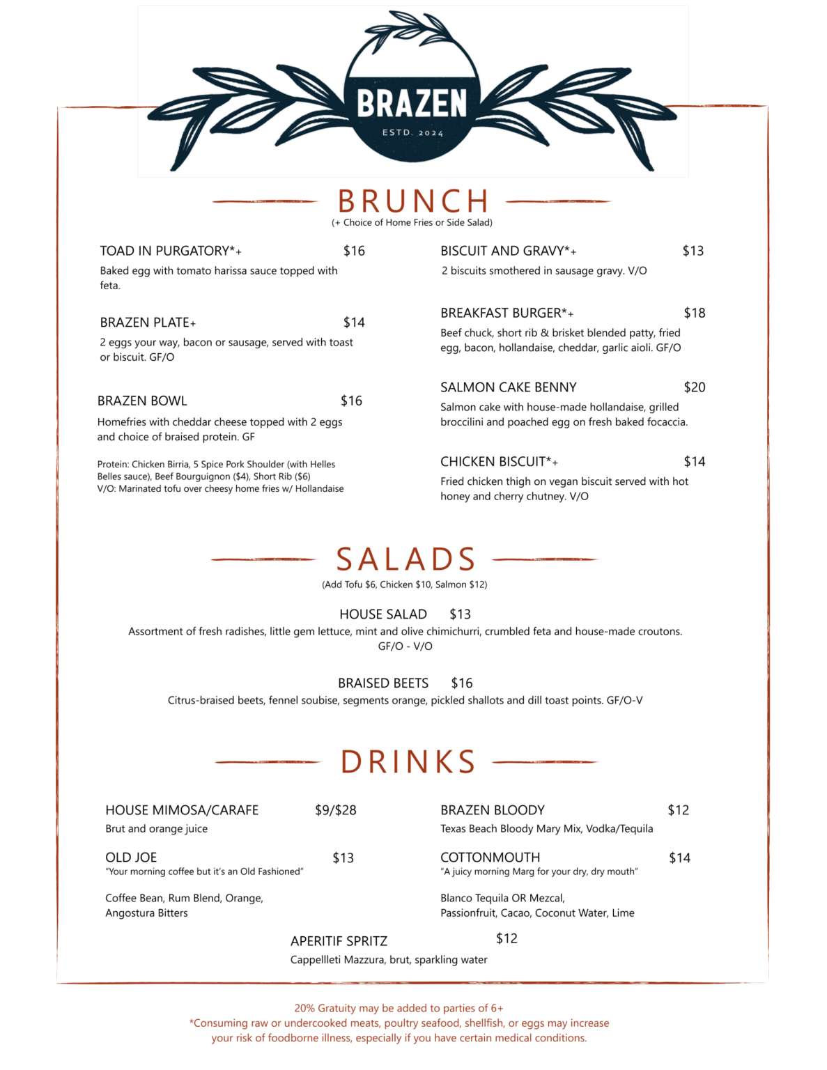 Brazen Restaurant | Menu