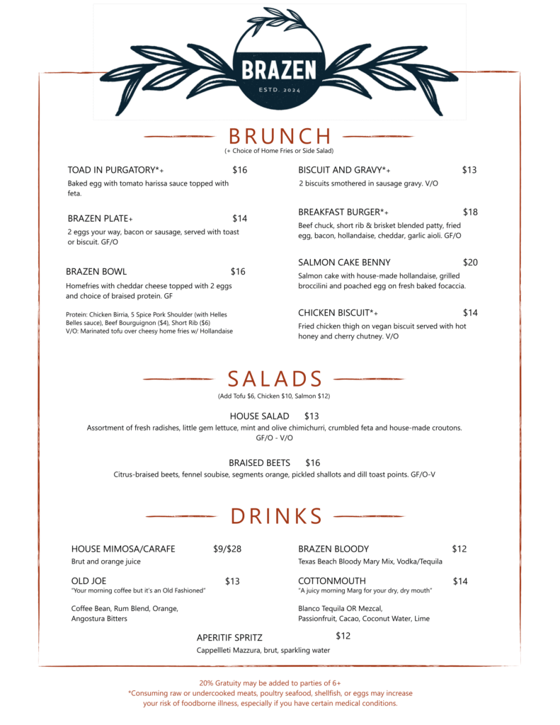 Brazen Restaurant | Menu