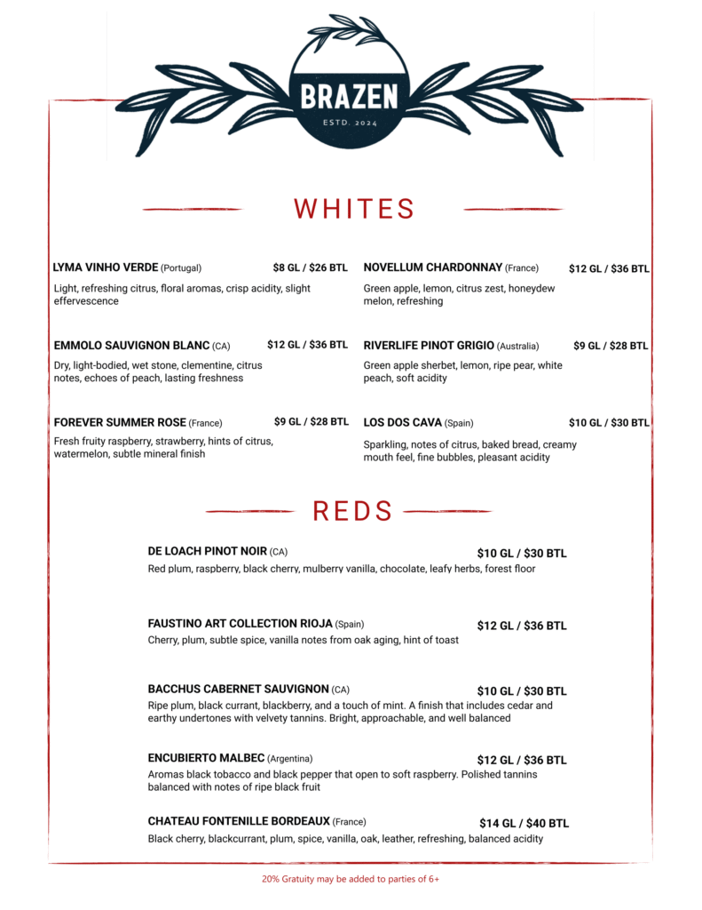 Brazen Restaurant | Menu