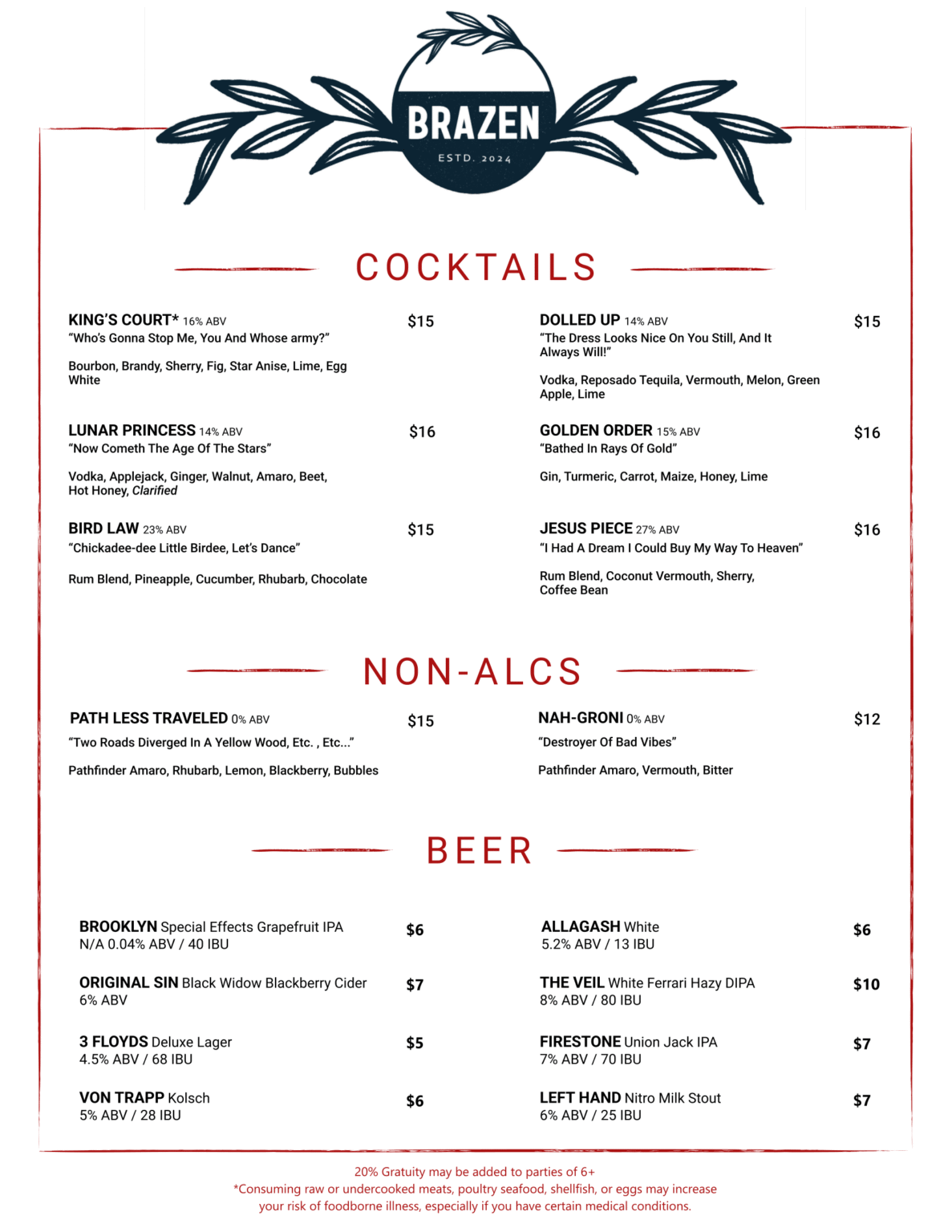 Brazen Restaurant | Menu