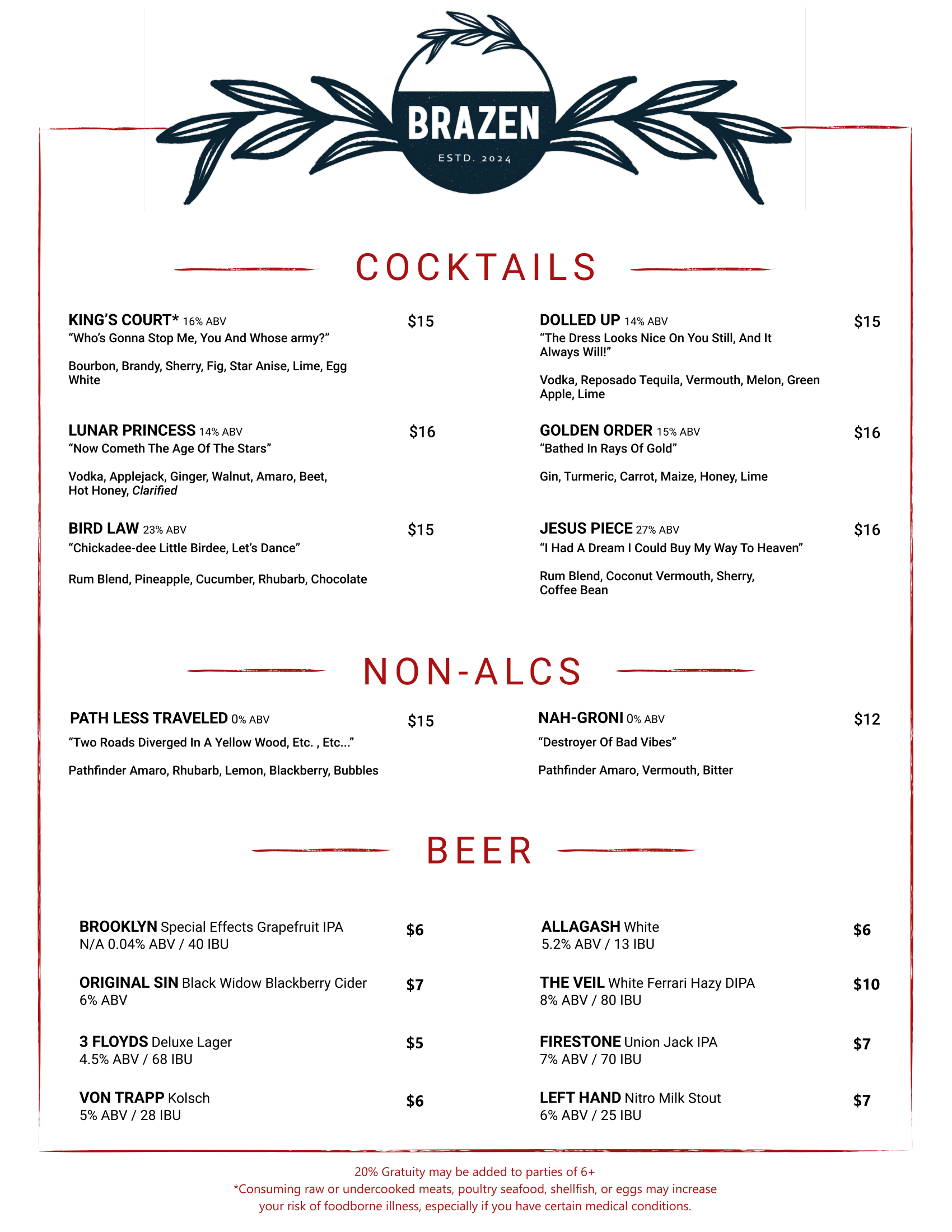 Brazen Restaurant | Menu