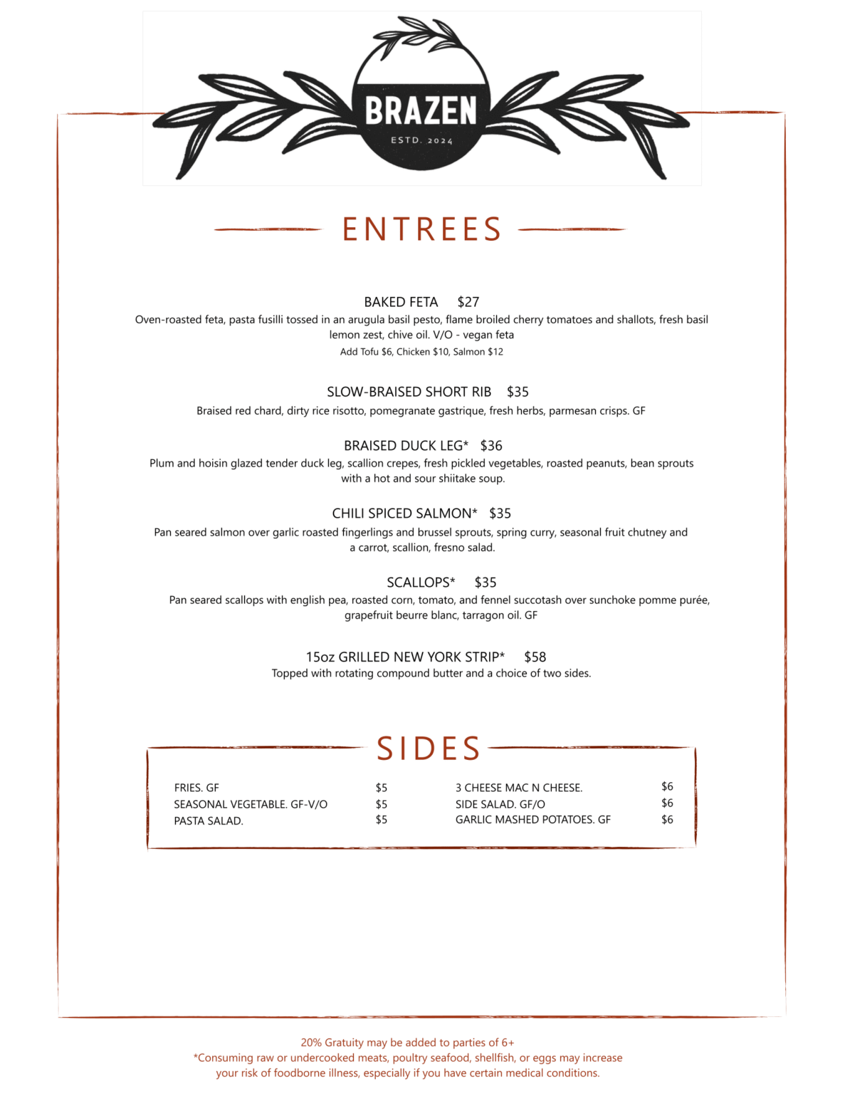 Brazen Restaurant | Menu